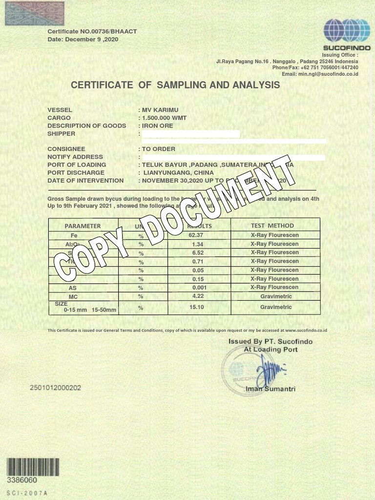 Analysis of Iron Ore Loading Certificates for MV Karimu | PDF ...