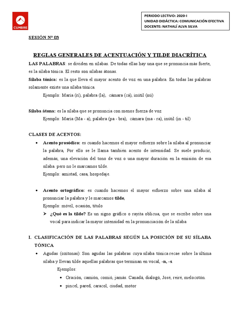 Separata #03 - Reglas Generales de Acentuación y Tilde Diacrítica | PDF | Estrés (lingüística ...