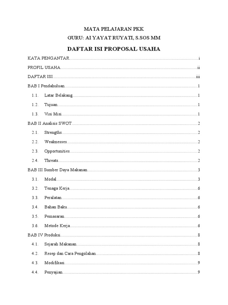 Daftar Isi Proposal Usaha - PKK | PDF | Karier & Perkembangan | Bisnis