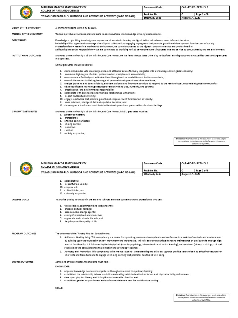 Path-Fit 3 Syllabus: Outdoor Activities | PDF | Value (Ethics ...