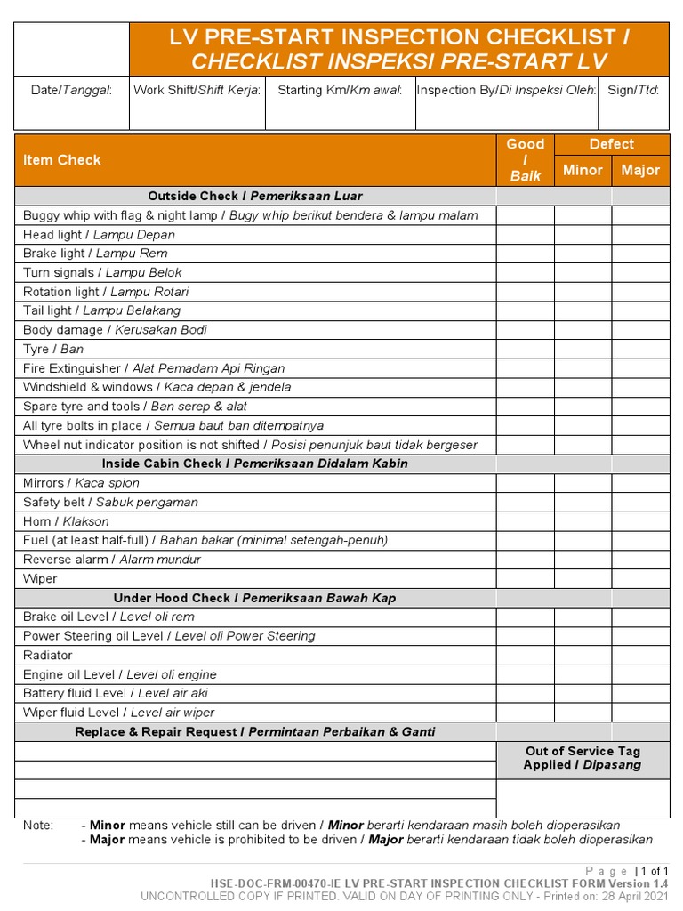 LV Pre-Start Inspection Checklist | PDF