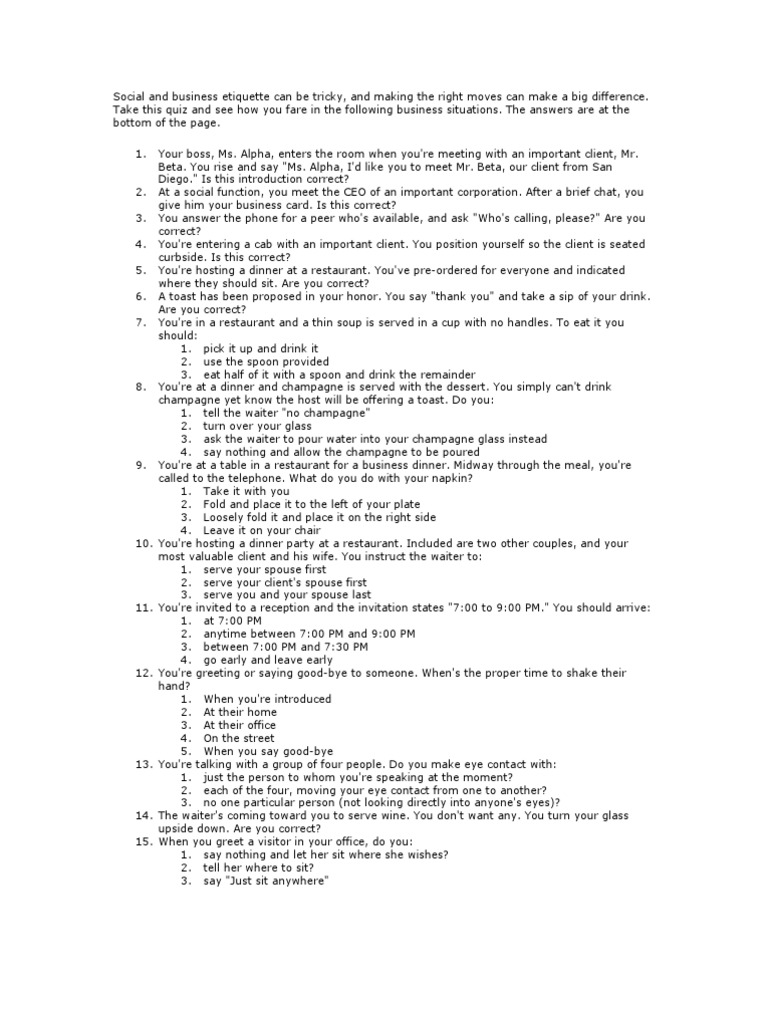 Business Etiquette Quiz Guide | PDF | Restaurants