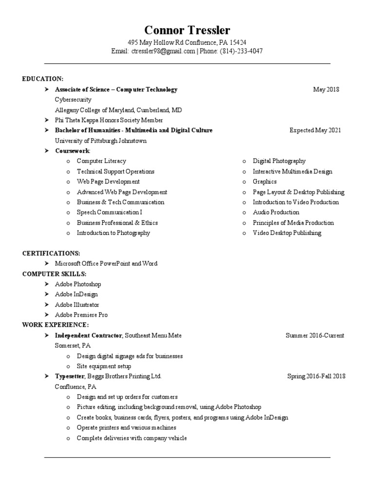 Connor Tressler - Resume | PDF | Multimedia | Communication