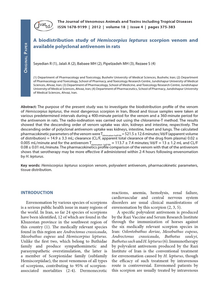 A Biodistribution Study of Hemiscorpius Lepturus Scorpion Venom and ...