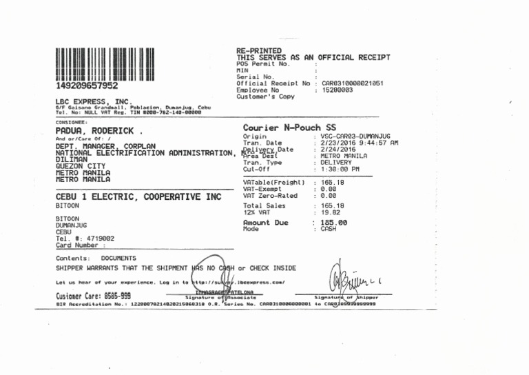 Rdua, Roderick .: Re-Pri TE This S Rves As O C L Receipt | PDF ...