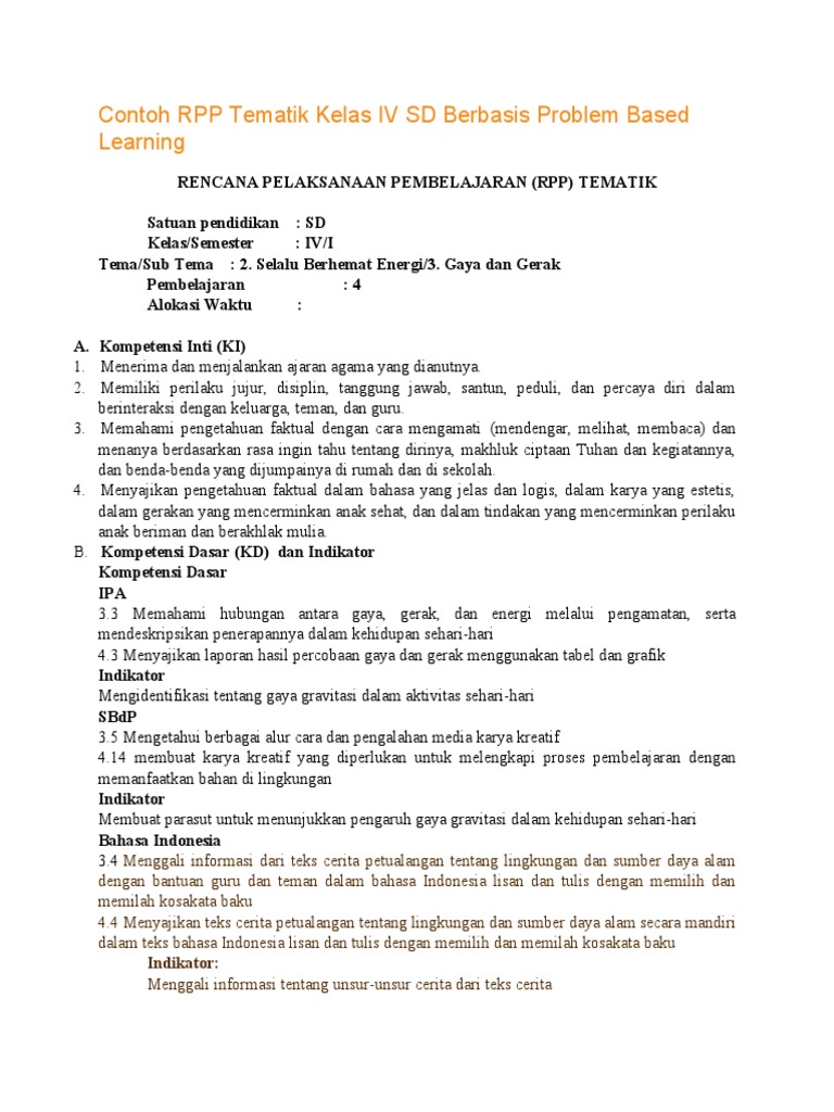 Contoh RPP Tematik Kelas IV SD Berbasis Problem Based Learning | PDF
