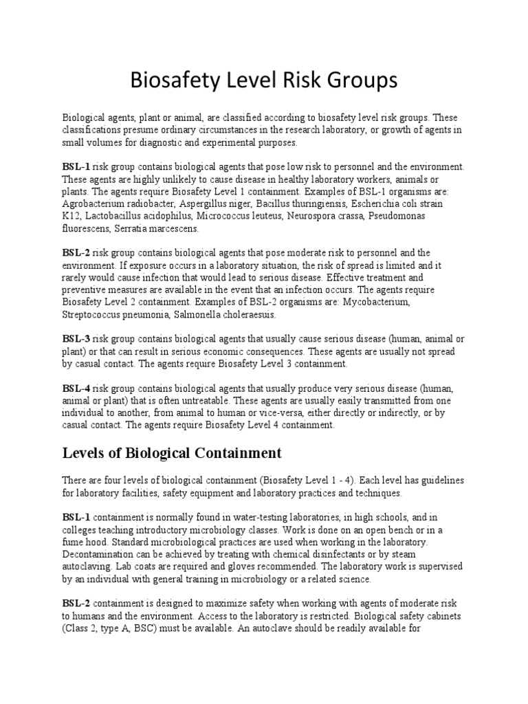 Biosafety Level Risk Groups: Levels of Biological Containment ...