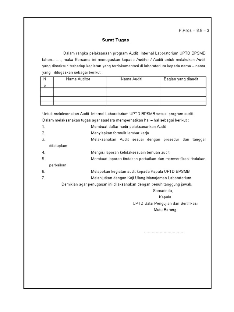 Form Surat Tugas Audit Internal Pengujian | PDF