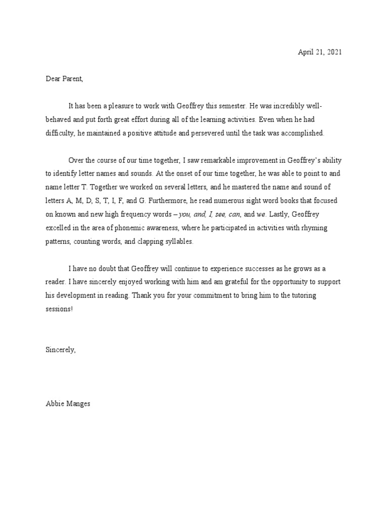 Edu 385 - Parent Letter | PDF | Language Arts & Discipline