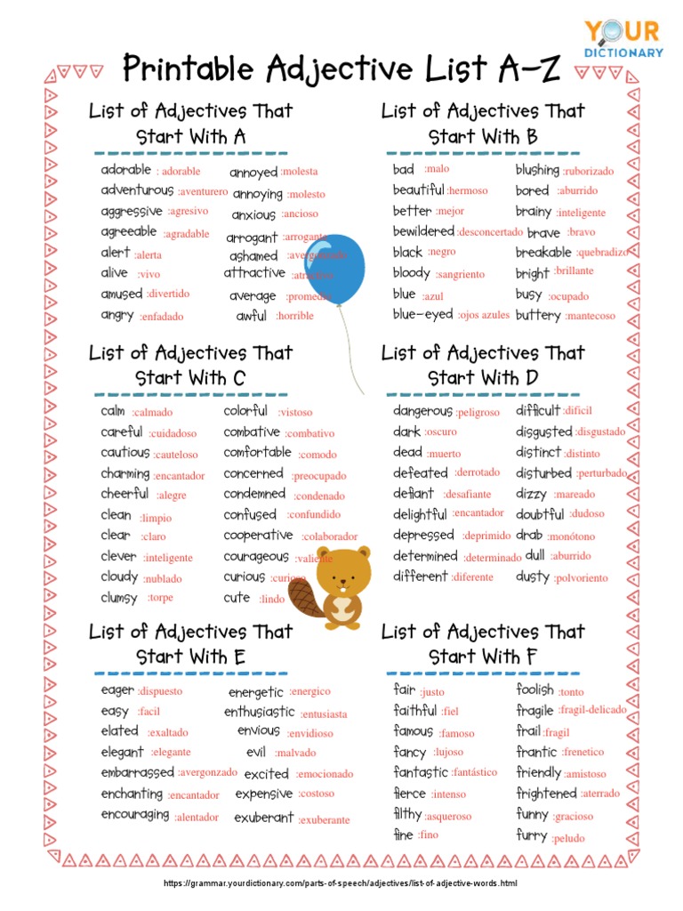 A-Z Adjective List in English & Spanish | PDF | Semantic Units ...