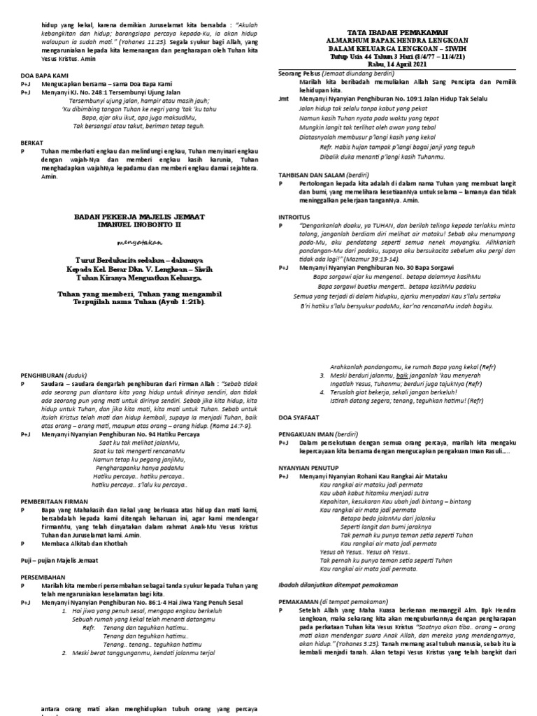 Tata Ibadah Pemakaman Alm Hendra Lengkoan | PDF