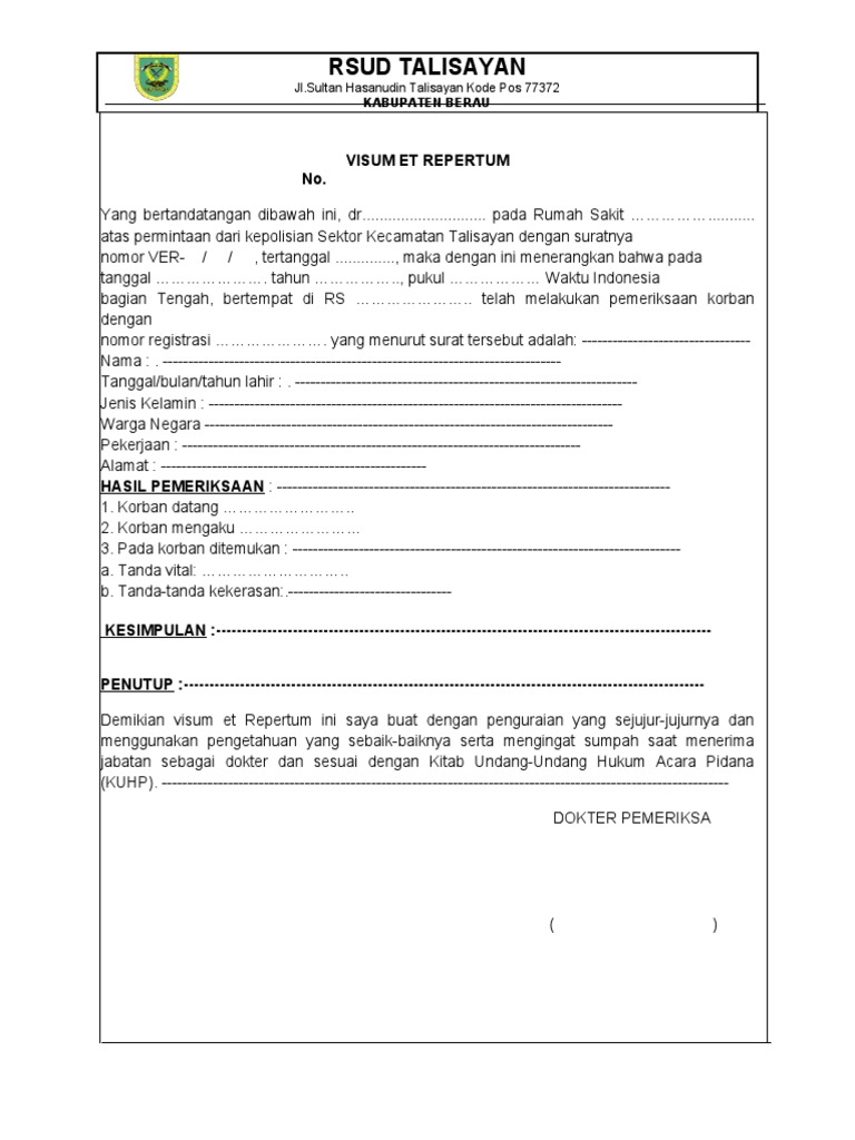 Contoh Surat Visum Et Repertum Pasien Rumah Sakit | PDF