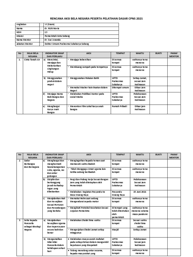 Rencana Aksi Bela Negara Peserta Pelatihan Dasar Cpns 2021 | PDF