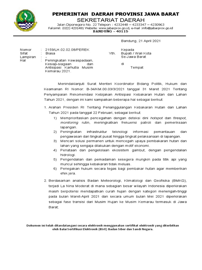 Surat Edaran Sekda Jabar Karhutla (Signed) | PDF