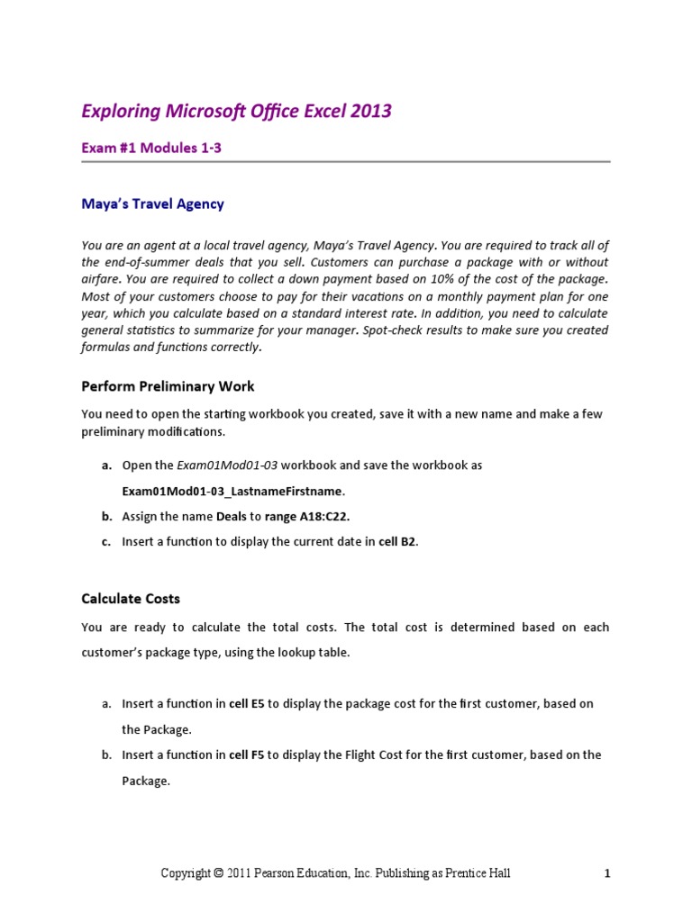 Exploring Microsoft Office Excel 2013: Exam #1 Modules 1-3 | PDF ...