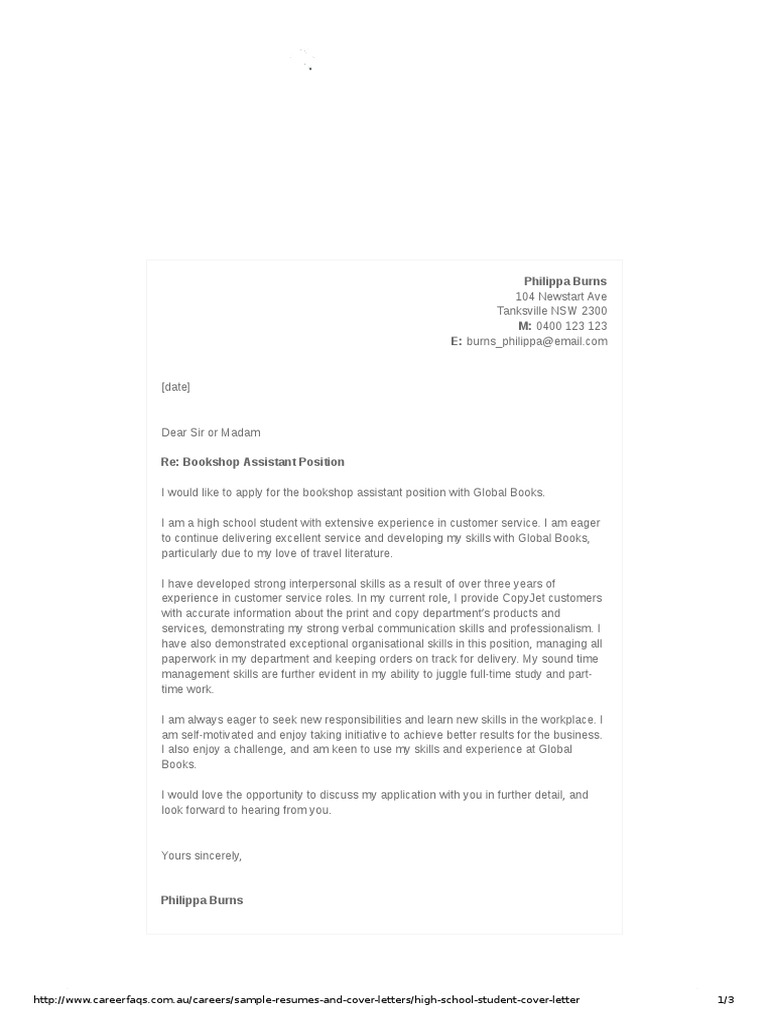 High School Student Cover Letter