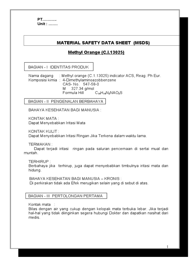 MSDS Methyl Orange dan Keamanannya | PDF
