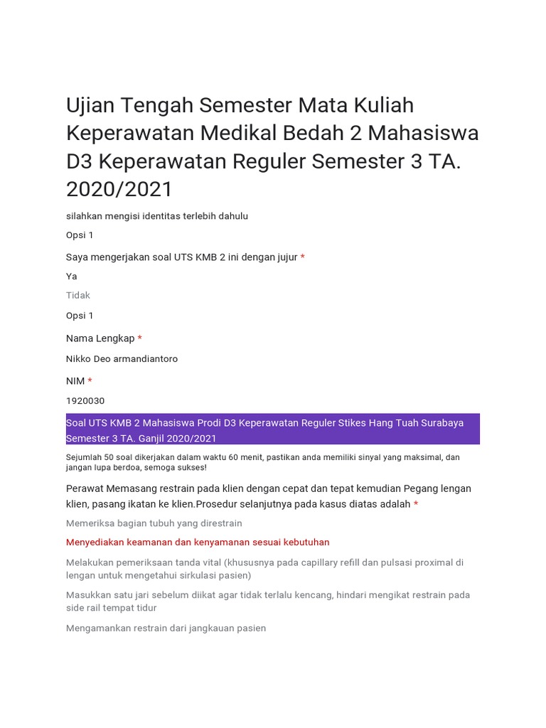 Ujian Tengah Semester Mata Kuliah Keperawatan Medikal Bedah 2 Mahasiswa D3 Keperawatan Reguler ...
