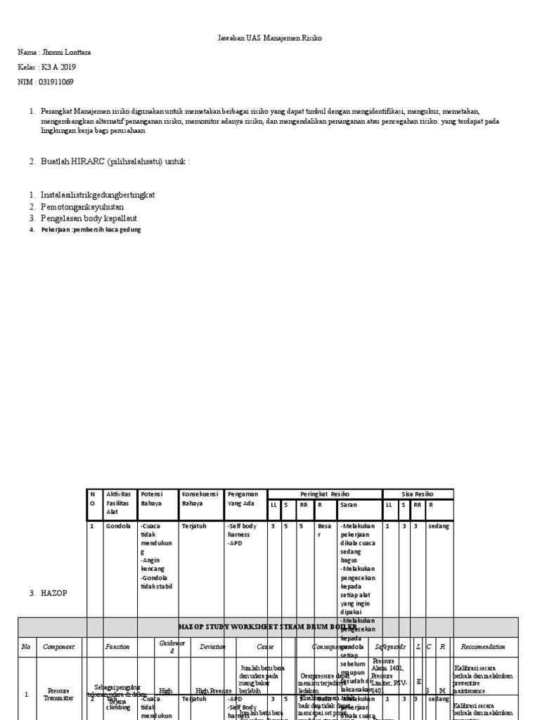 Jawaban UAS Manajemen Risiko Jhonni Lontara K3 A 2019 | PDF