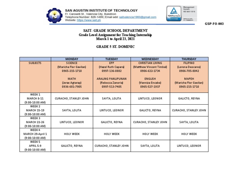 Sait-Grade School Department Grade Level Assignment For Teaching ...