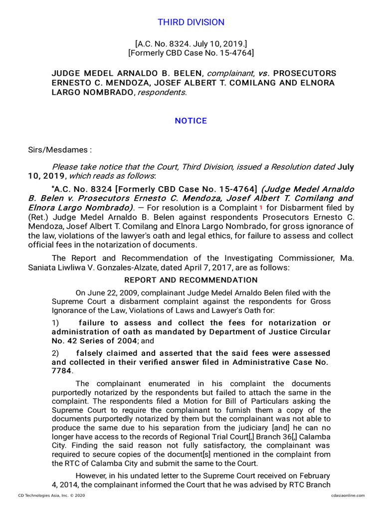 Third Division: Notice Notice | PDF | Notary Public | Complaint