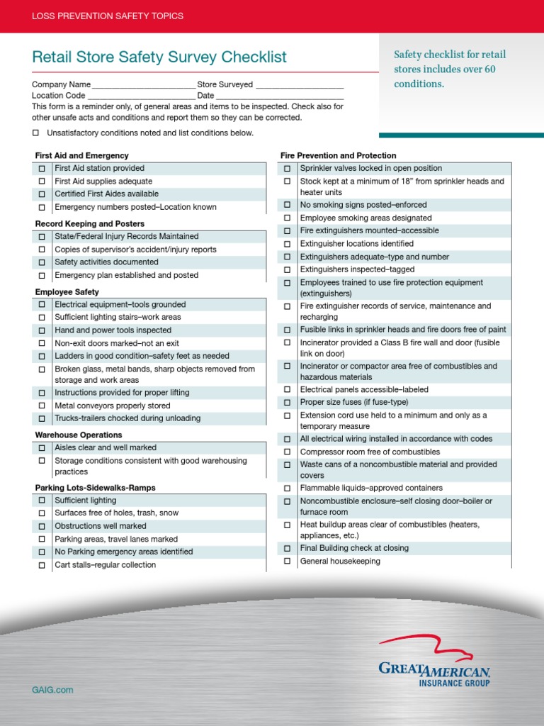 Retail Store Survey Checklist | PDF | Fire Sprinkler System | Insurance