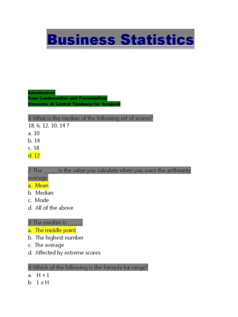Business Statistics MCQs | PDF | Mean | Coefficient Of Variation