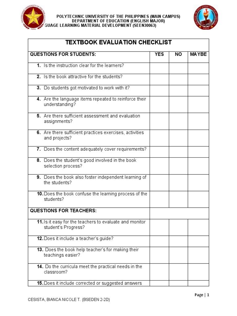 Textbook Evaluation Checklist: Understanding? | Download Free PDF ...