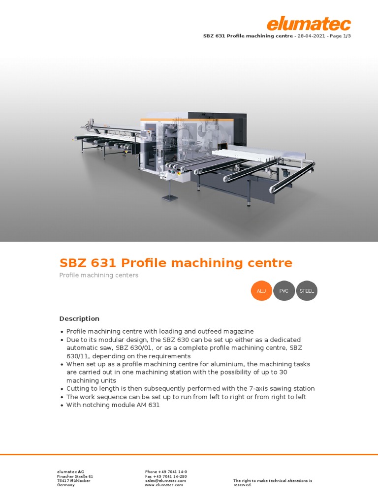 SBZ 631 Profile Machining Centre - Elumatec | PDF | Fax | Machining