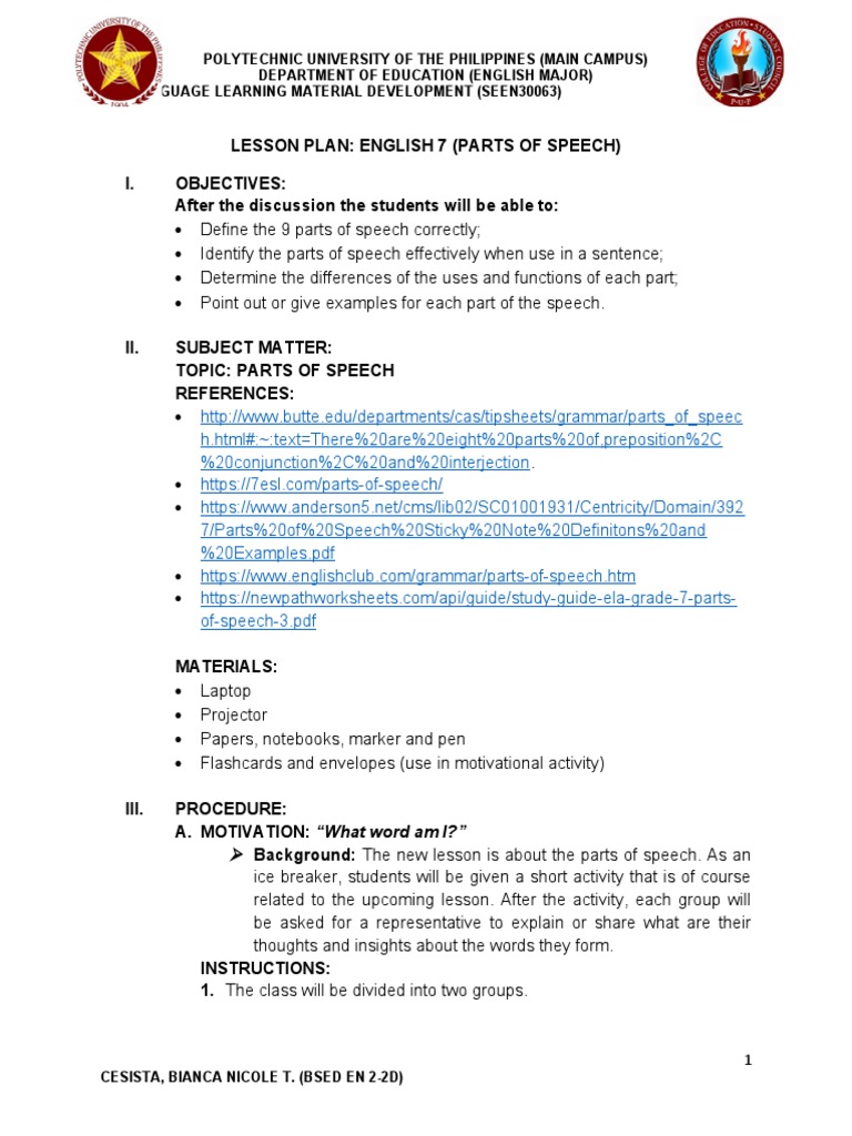 Lesson Plan English 7 Parts of Speech | PDF | Adverb | Verb