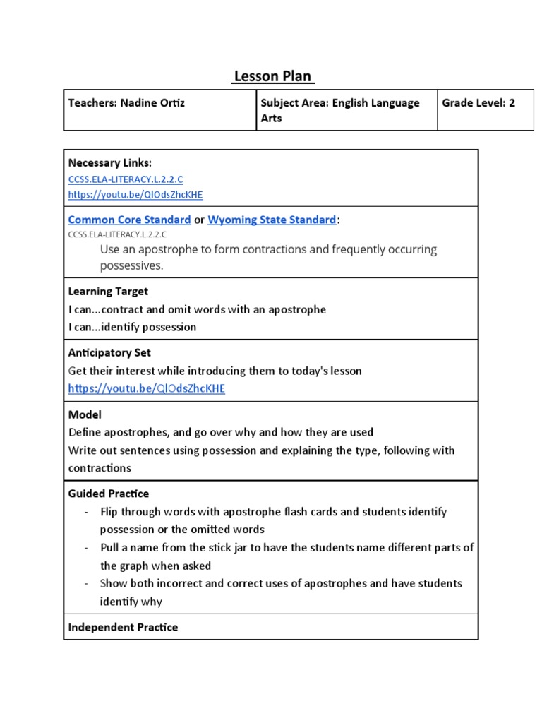 Apostrophe Usage Lesson Plan for 2nd Grade | PDF | Lesson Plan | Word