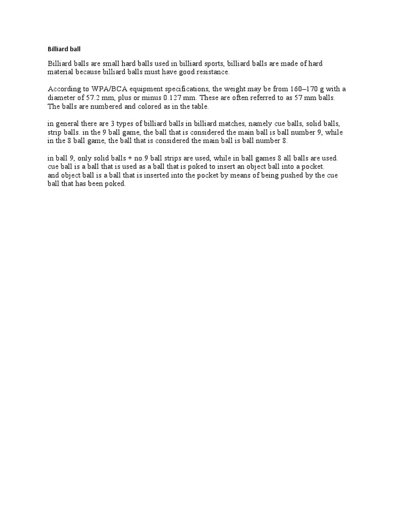 Billiard Balls: Types and Specifications | PDF