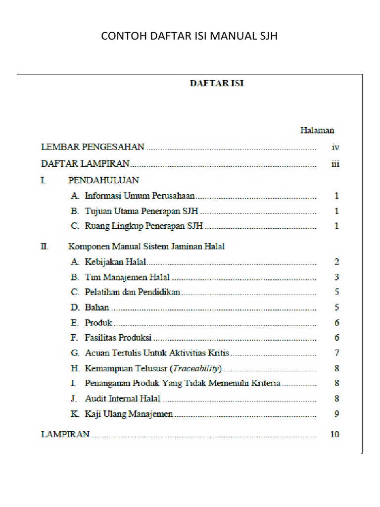 Contoh Daftar Isi Manual SJH | PDF