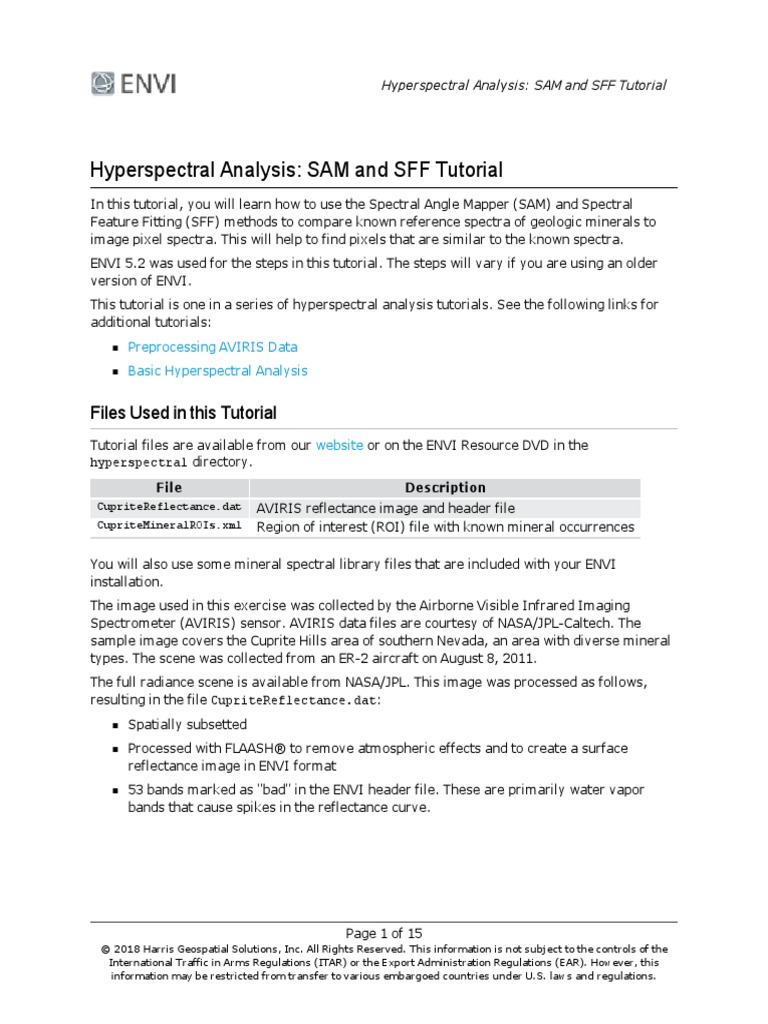 Hyperspectral Analysis: SAM and SFF Tutorial: Files Used in This ...