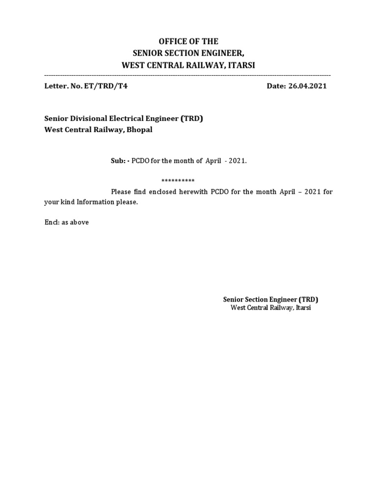 Office of The Senior Section Engineer, West Central Railway, Itarsi ...