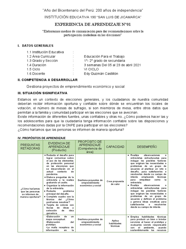 EXPERIENCIA DE APRENDIZAJE 1 EPT 1° - 2 ° Grado | PDF | Evaluación | Iniciativa empresarial