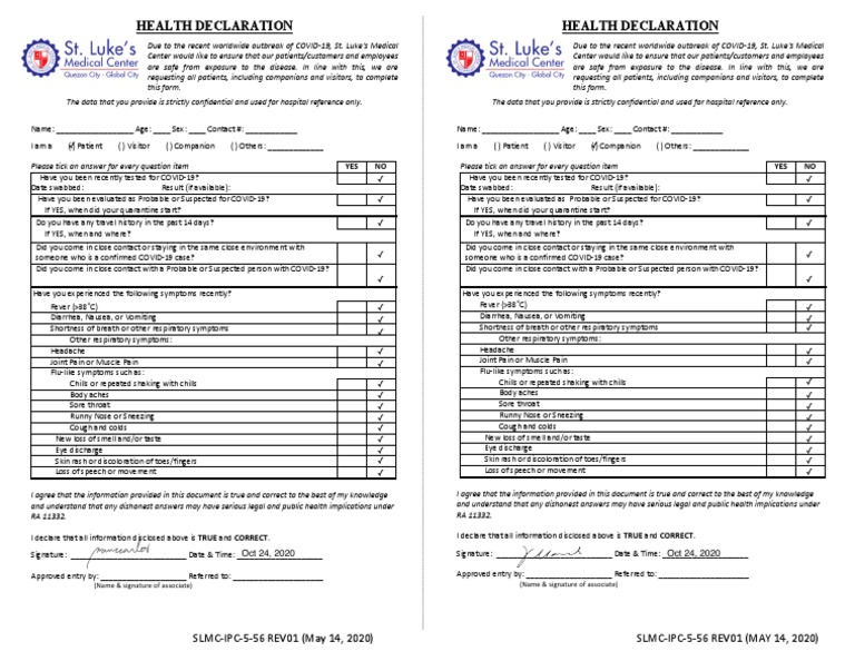 Health Declaration Health Declaration: YES NO YES NO | PDF | Common ...