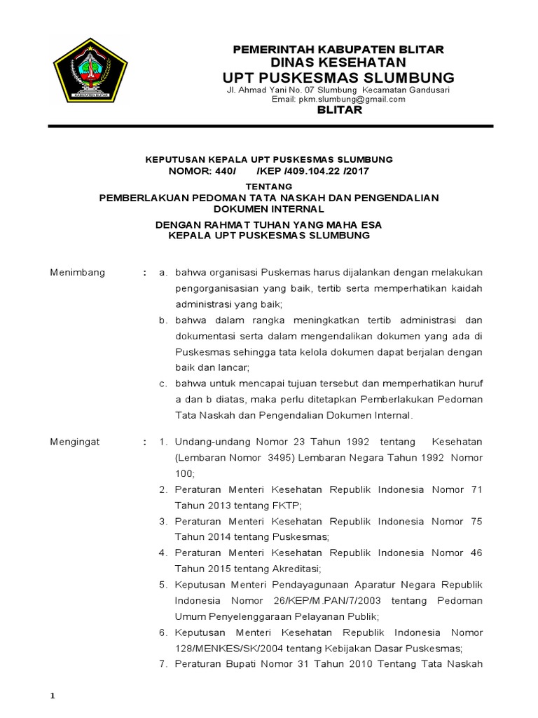 SK Pemberlakuan Pedoman Tata Naskah Dan Pengendalian Dokumen | PDF