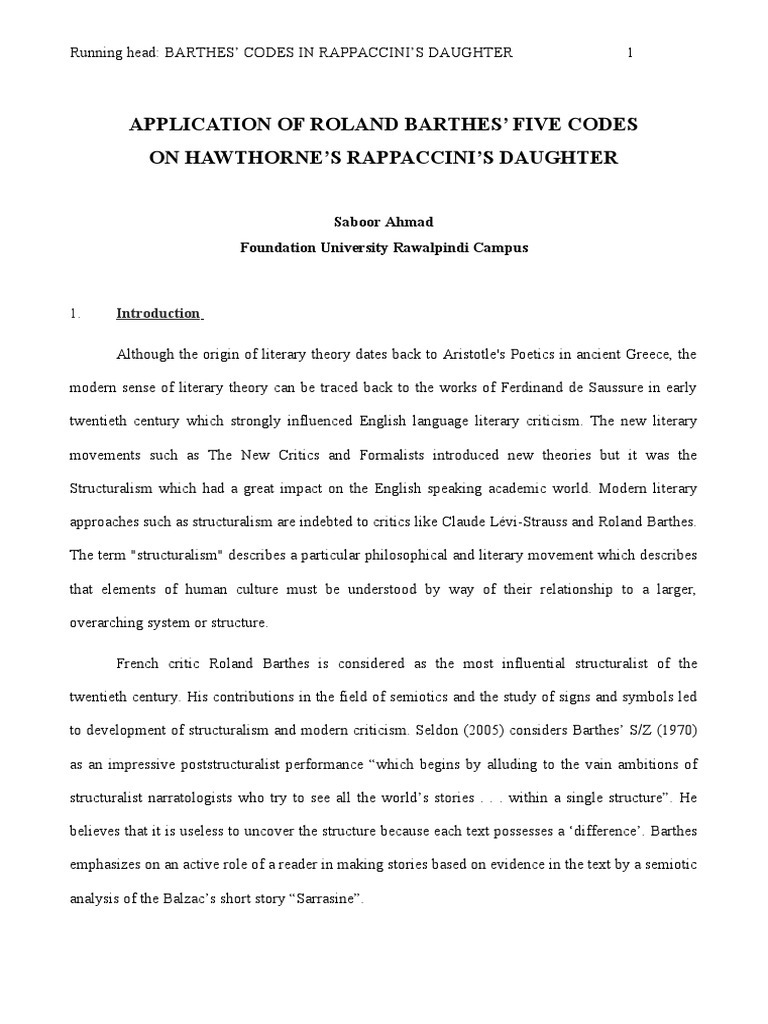 Application of Ronald Barthes Five Codes | PDF | Nathaniel Hawthorne | Narrative