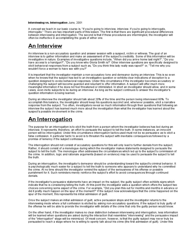 An Interview: Interviewing vs. Interrogation June, 2001 | PDF ...