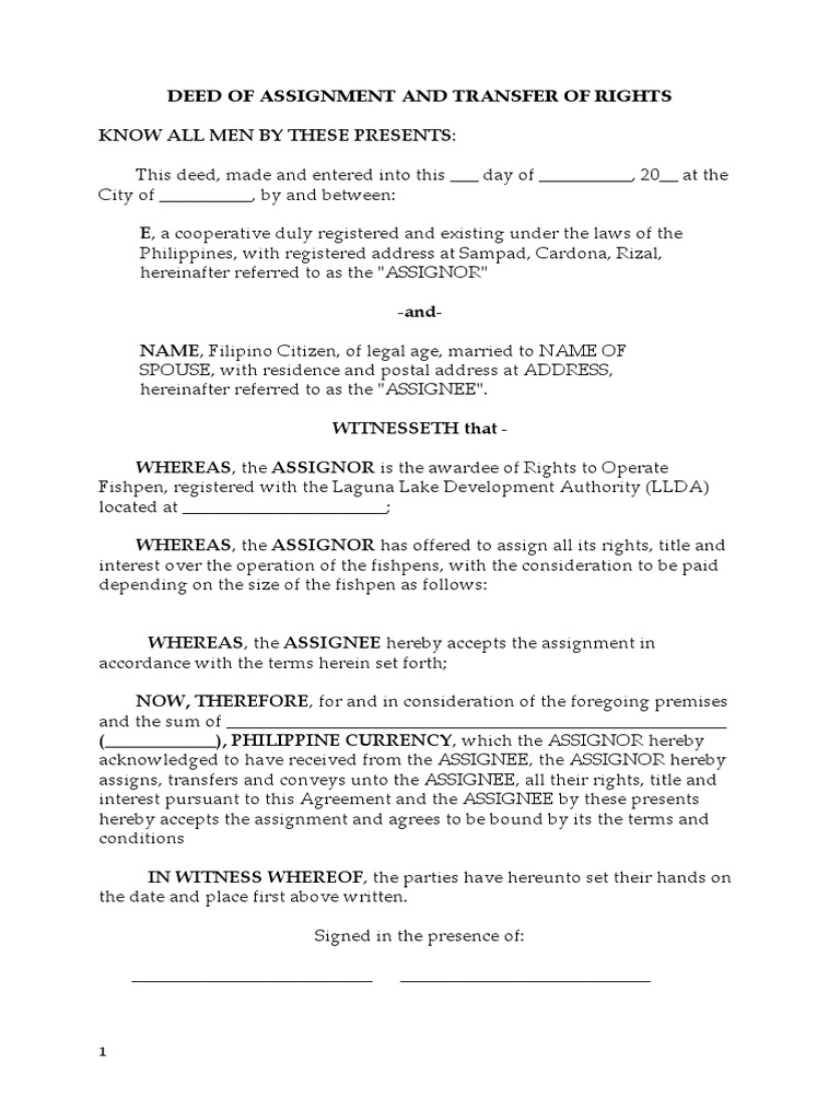 Deed of Assignment and Transfer of Rights | PDF | Assignment (Law) | Deed
