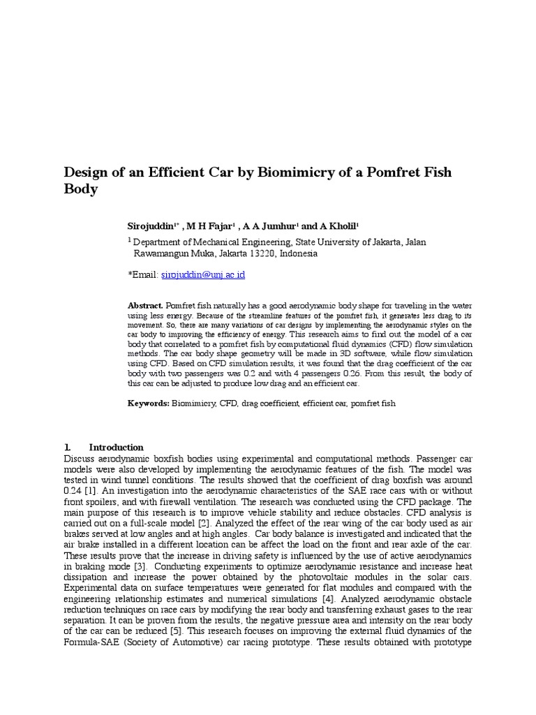 Design of An Efficient Car by Biomimicry of A Pomfret Fish Body ...