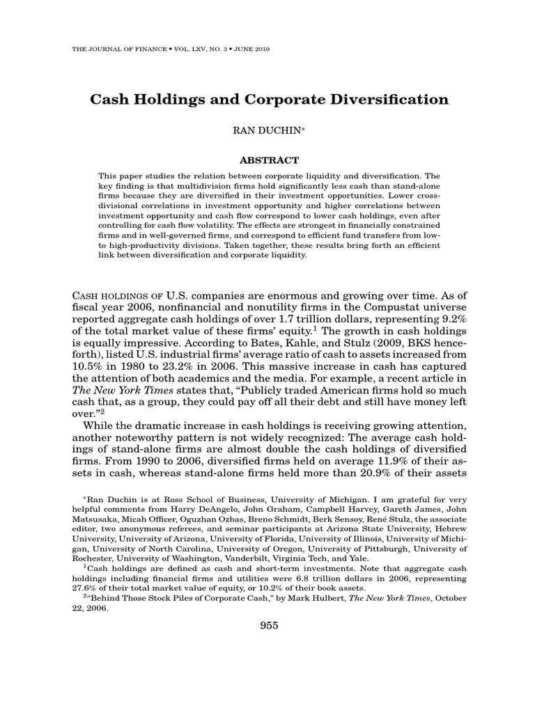 Cash Holdings and Corporate Diversification: Ran Duchin | PDF ...