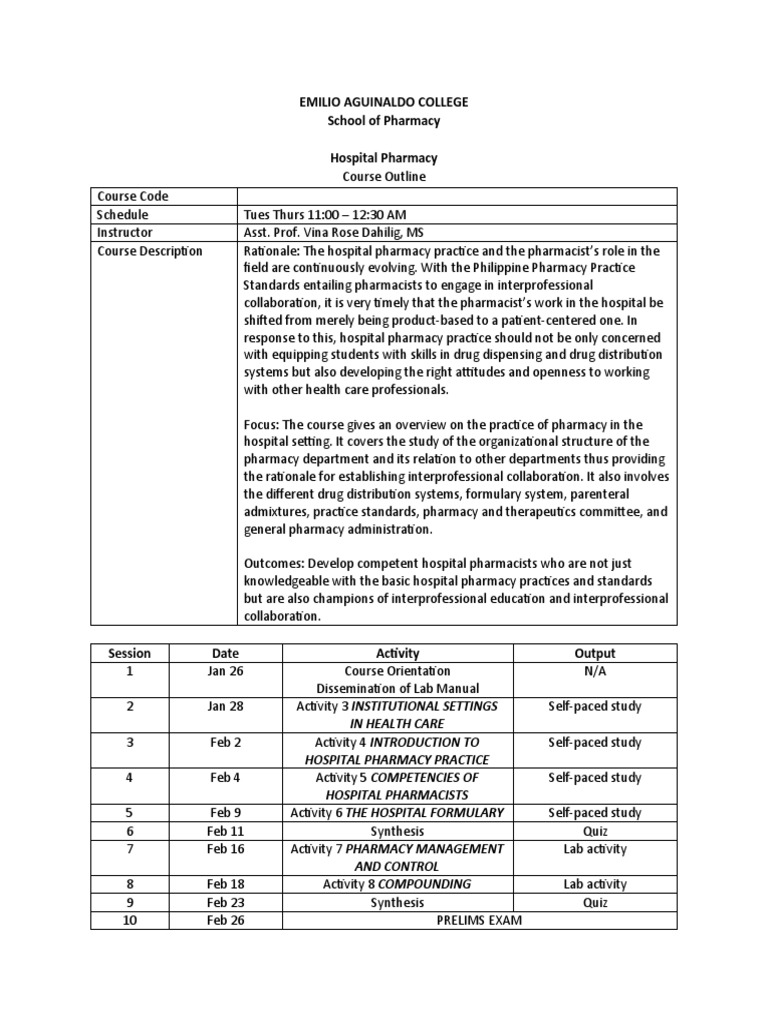 EAC Hospital Pharmacy Course OUtline | PDF | Pharmacy | Medicinal Chemistry