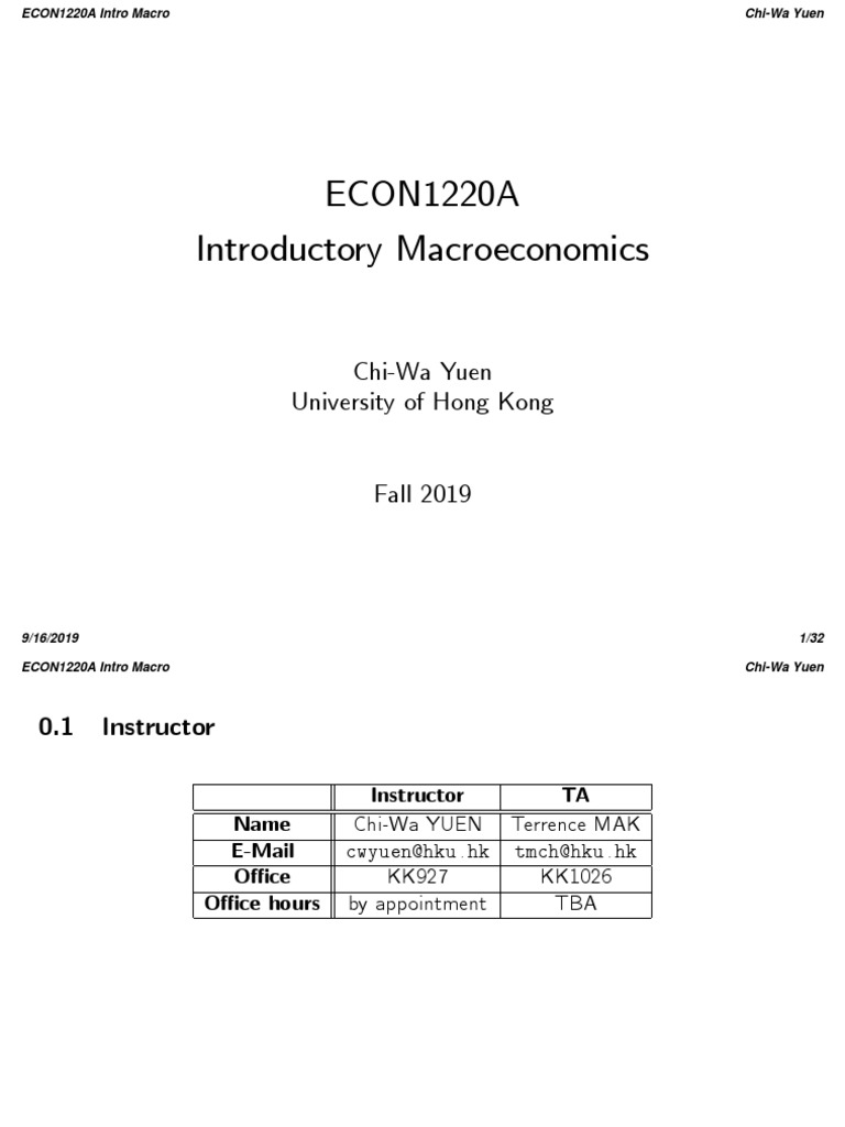 ECON1220A Introductory Macroeconomics: Chi-Wa Yuen University of Hong Kong | PDF ...