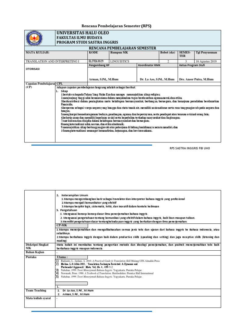 RPS Mata Kuliah Translation and Interpretating I | PDF