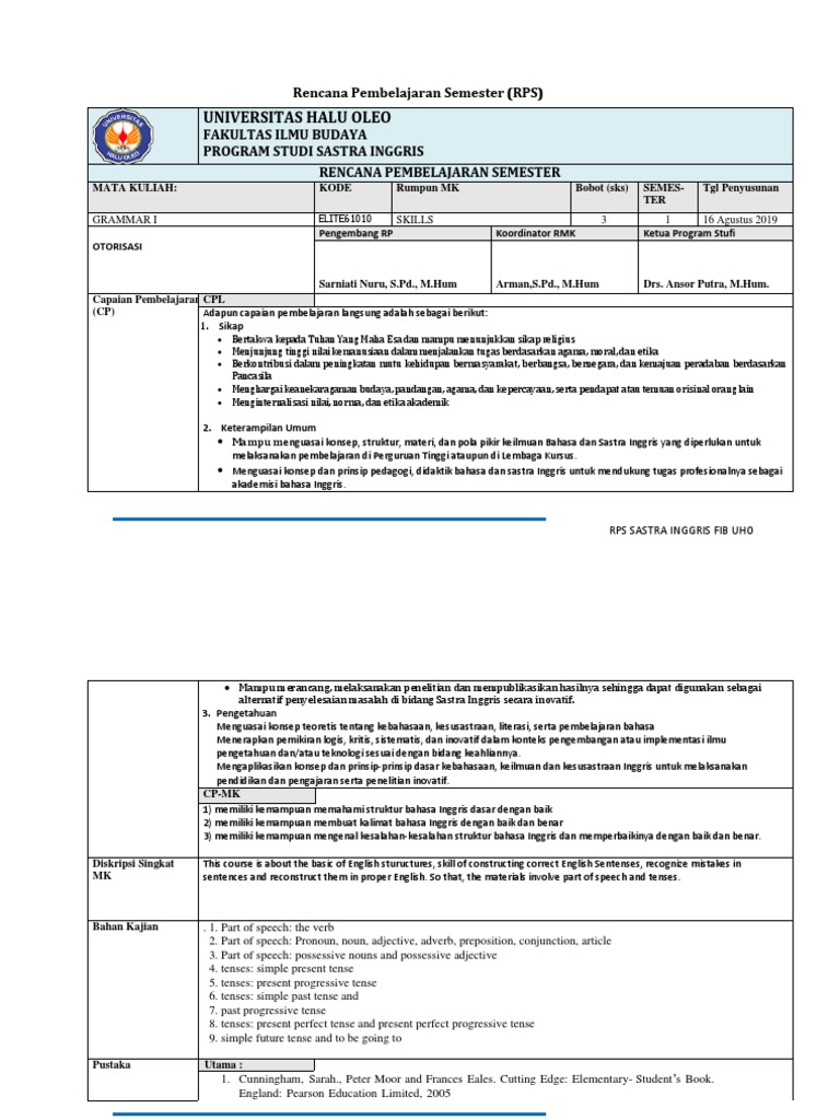 RPS Mata Kuliah Grammar I | PDF