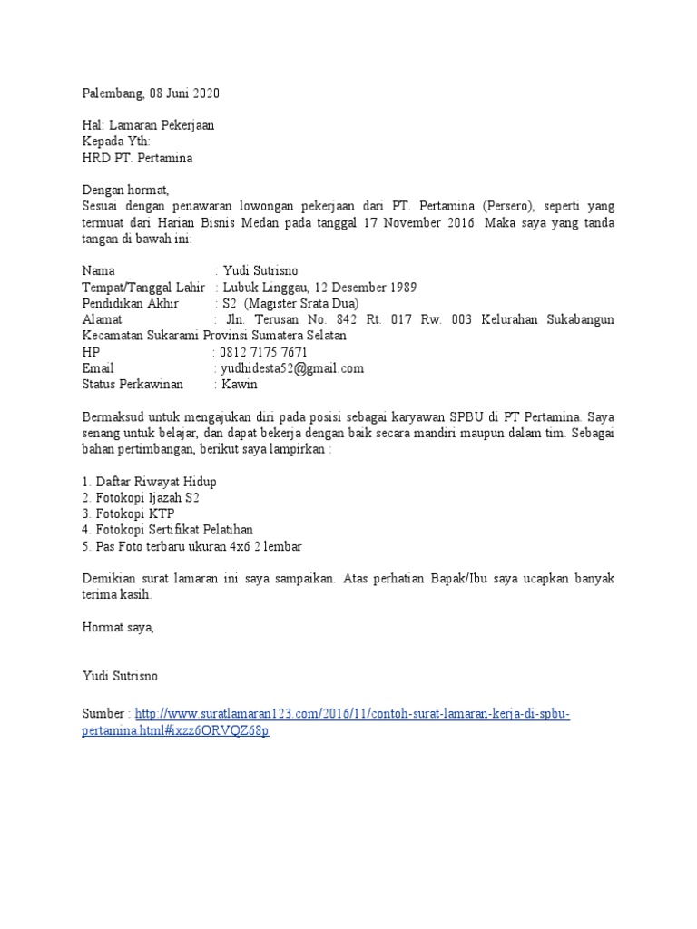Contoh Surat Lamaran Kerja Pertamina | PDF | Karier & Perkembangan