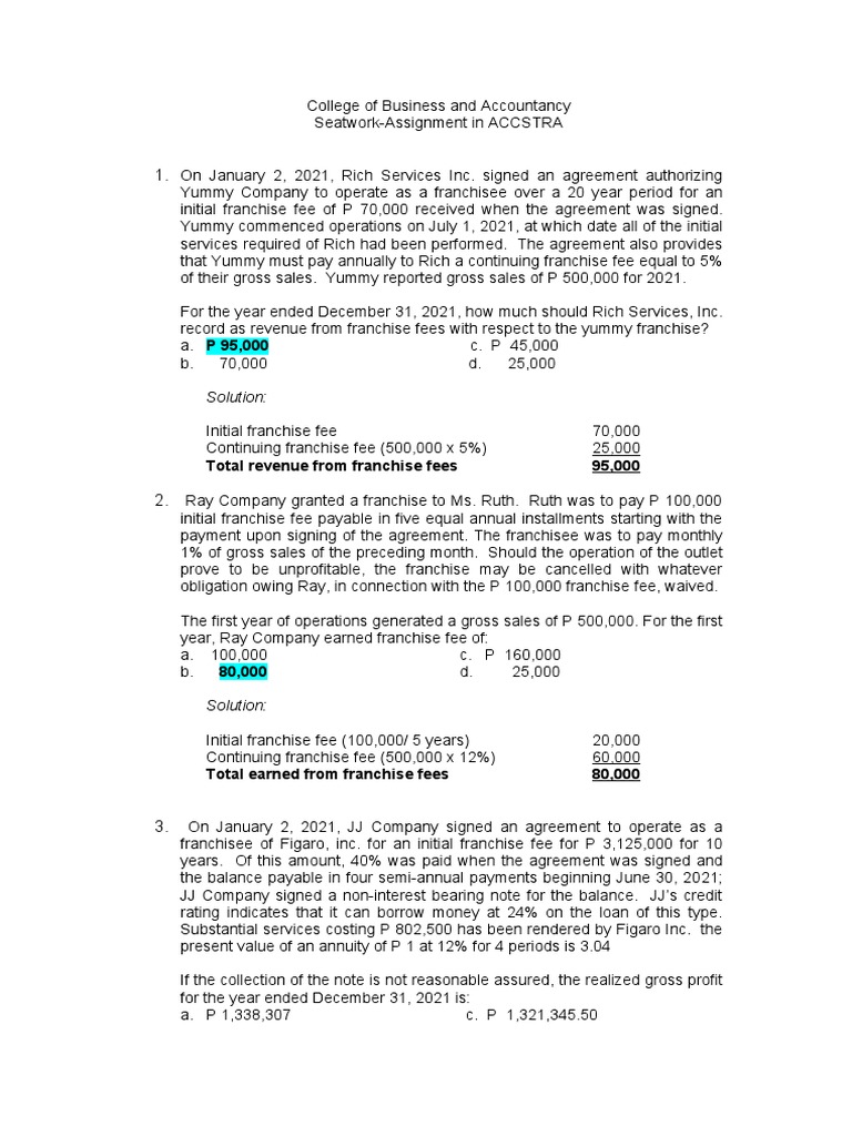 Solution:: Total Revenue From Franchise Fees 95,000 | PDF | Franchising ...