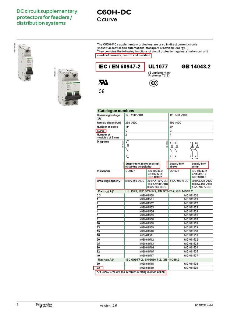 Schneider DC MCB C60H DC Earth Fault | PDF | Direct Current | Magnet
